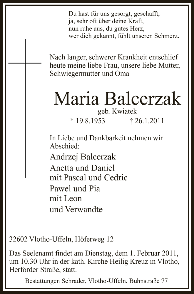 Traueranzeigen von Maria Balcerzak | Trauer.MT.de