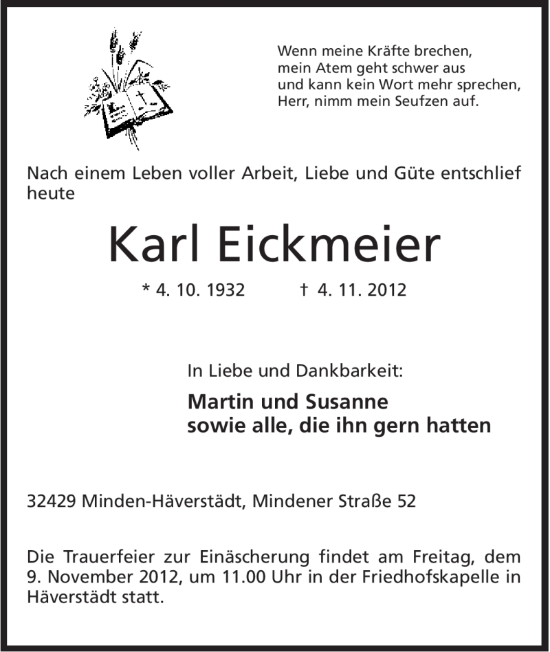 Traueranzeigen von Karl Eickmeier | Trauer.MT.de