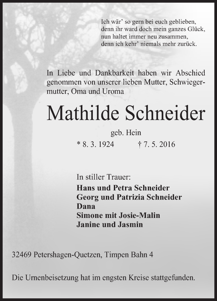 Traueranzeigen von Mathilde Schneider | Trauer.MT.de