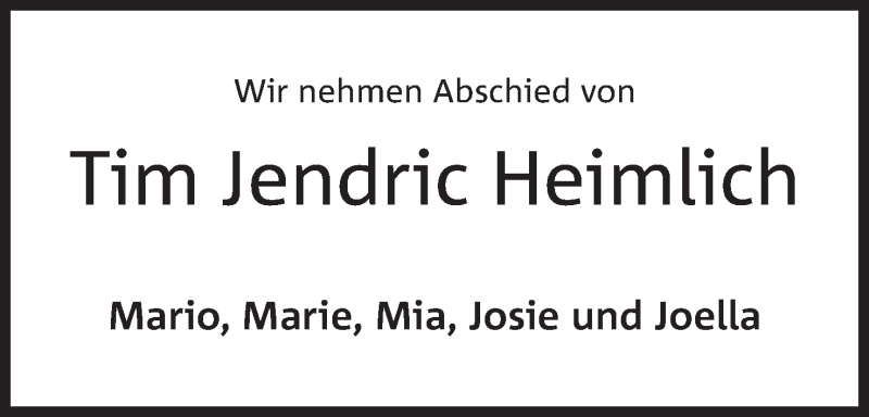 Traueranzeigen von Tim Jendric Heimlich | Trauer.MT.de