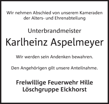 Traueranzeigen von Karlheinz Aspelmeyer | Trauer.MT.de