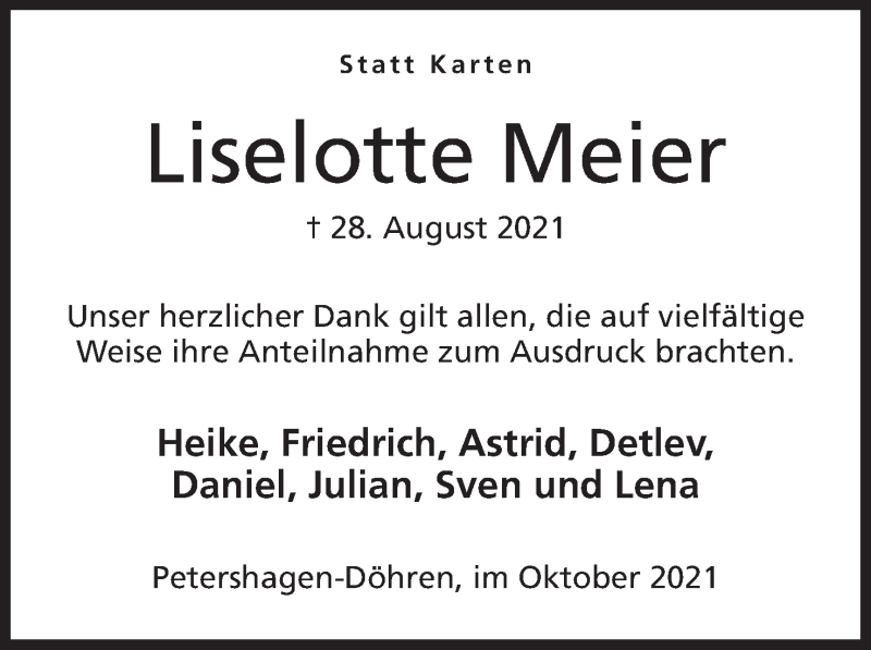 Traueranzeigen von Liselotte Meier | Trauer.MT.de