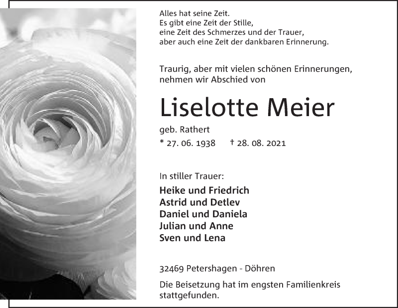 Traueranzeigen von Liselotte Meier | Trauer.MT.de