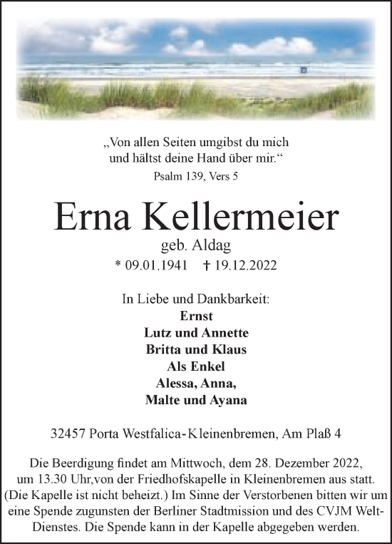 Traueranzeigen von Erna Kellermeier | Trauer.MT.de