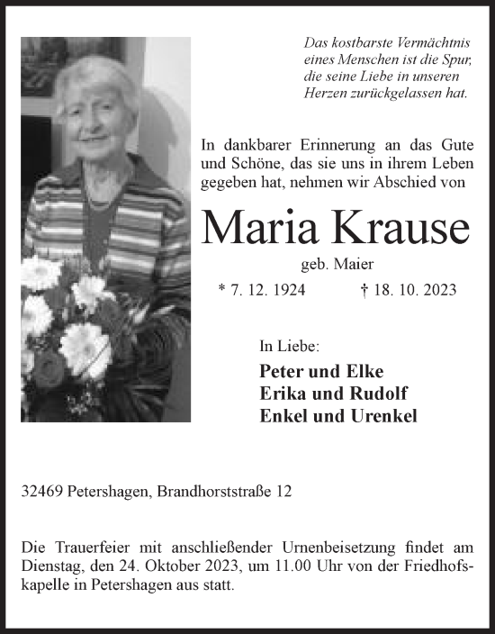 Traueranzeigen von Maria Krause | Trauer.MT.de