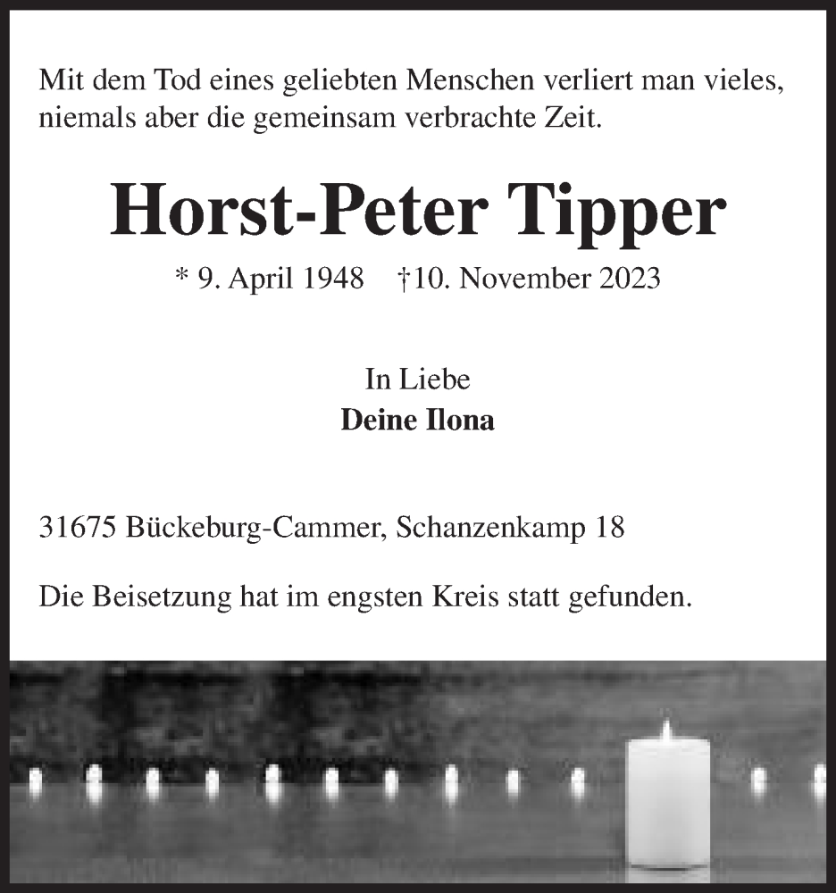 Traueranzeigen von Horst-Peter Tipper | Trauer.MT.de