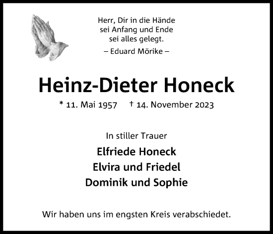 Traueranzeigen von Heinz-Dieter Honeck | Trauer.MT.de