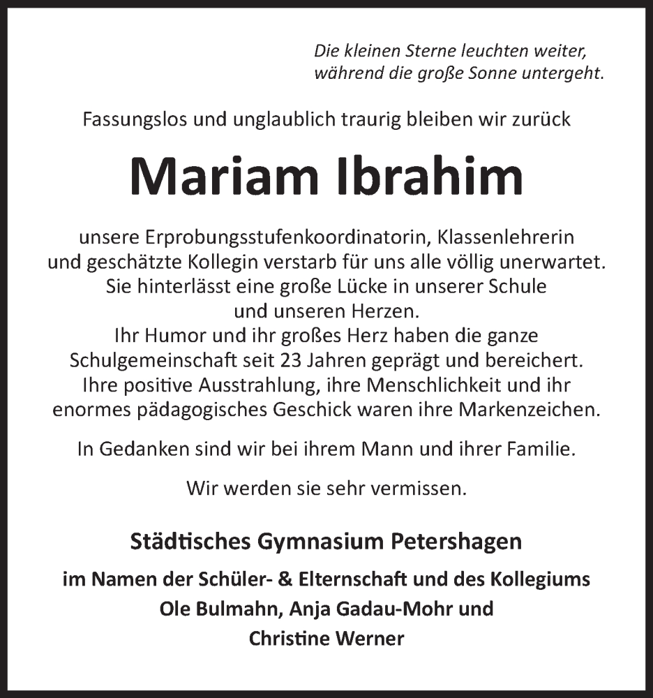 Traueranzeigen von Mariam Ibrahim | Trauer.MT.de