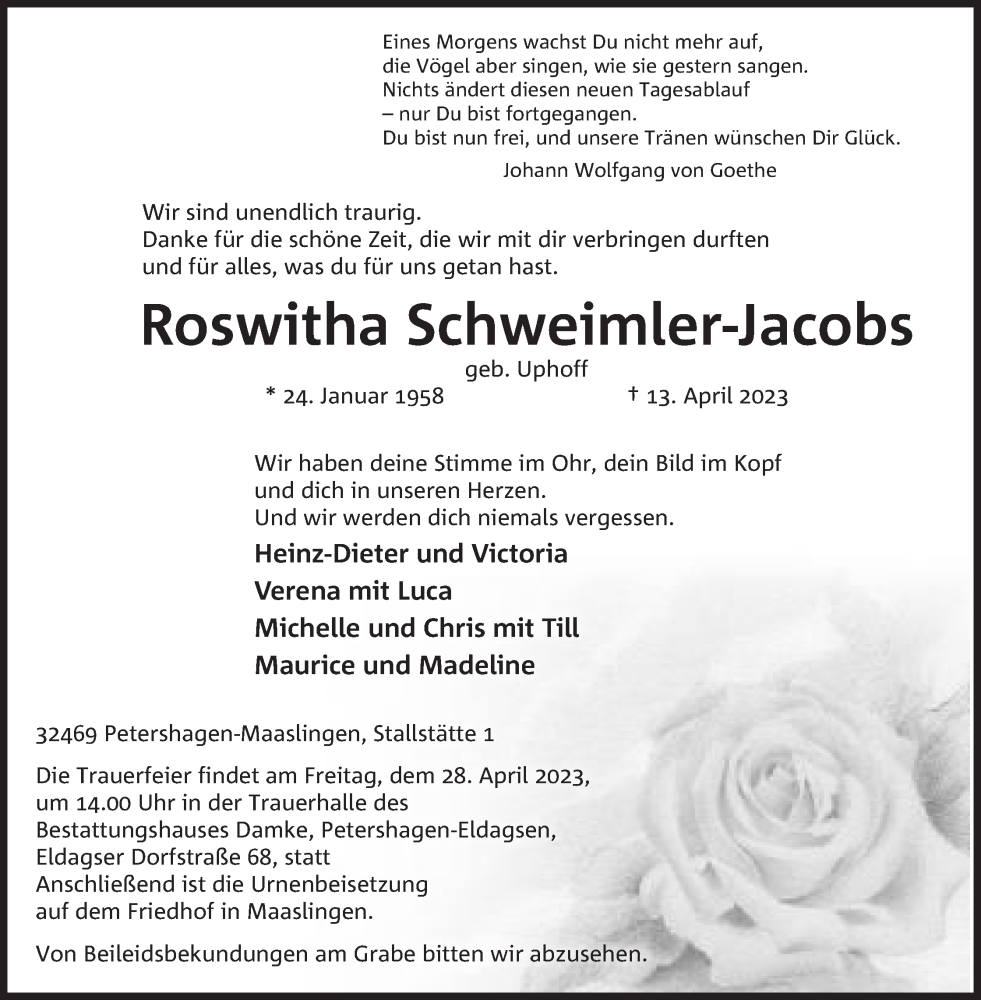 Traueranzeigen von Roswitha Schweimler-Jacobs | Trauer.MT.de