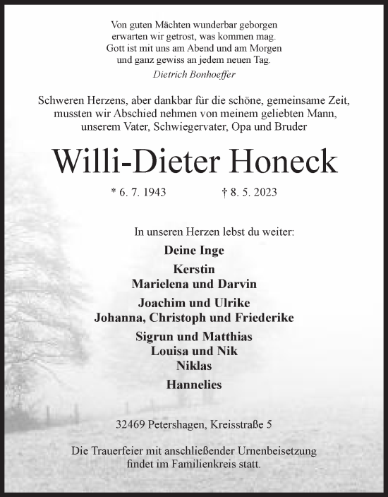 Traueranzeigen von Willi-Dieter Honeck | Trauer.MT.de