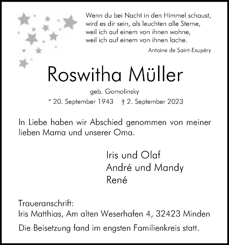 Traueranzeigen von Roswitha Müller | Trauer.MT.de
