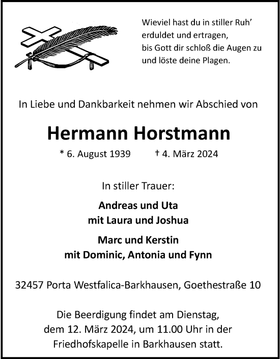 Traueranzeigen von Hermann Horstmann | Trauer.MT.de