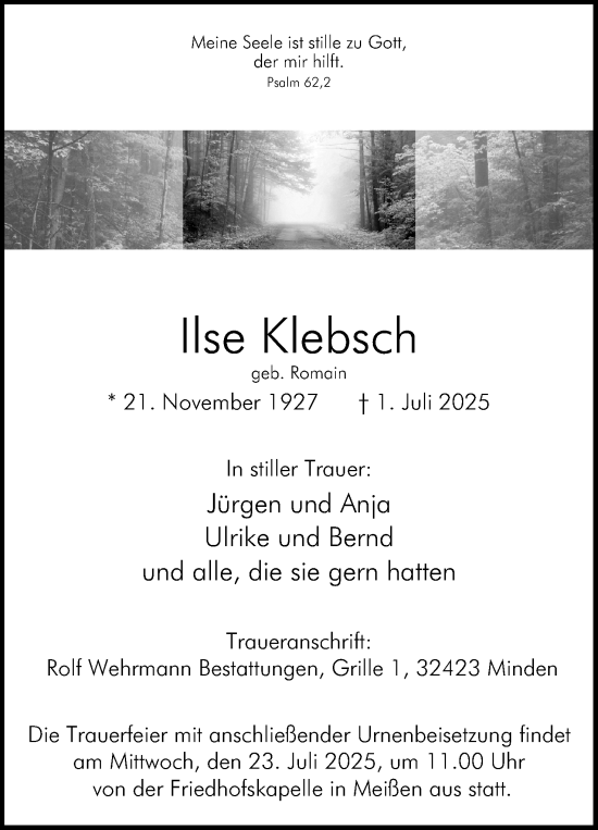 Traueranzeigen von Ilse Klebsch | Trauer.MT.de