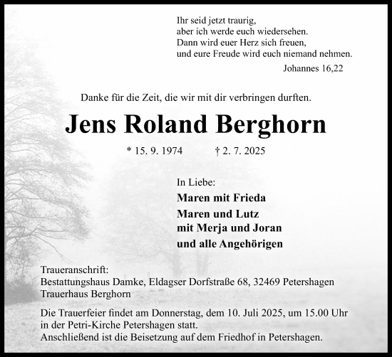 Traueranzeigen von Jens Roland Berghorn | Trauer.MT.de